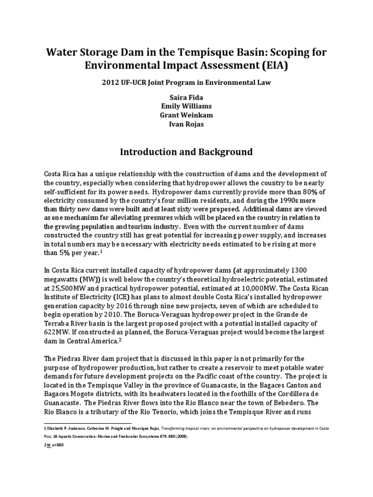 Water Storage Dam in The Tempisque Basin: Scoping For Environmental ...