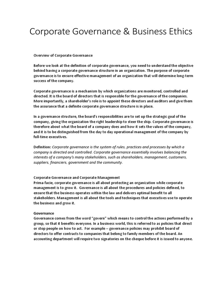 Corporate Governance & Business Ethics | PDF | Corporate Governance ...