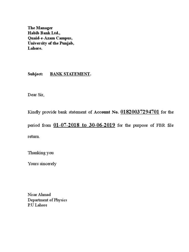 Request for Bank Statement from Habib Bank Ltd. for Tax Return Filing ...
