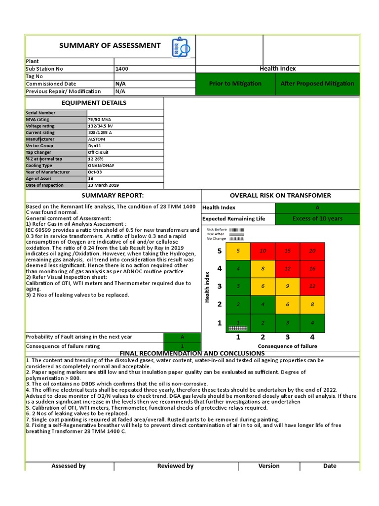 Sample Transformer Life Assessment Sheet | PDF | Transformer | Carbon