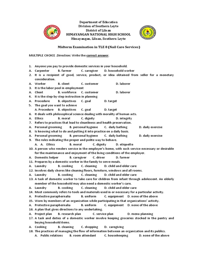 MIDTERM EXAM IN TLE 7 - Rizal | PDF | Hygiene | Domestic Worker