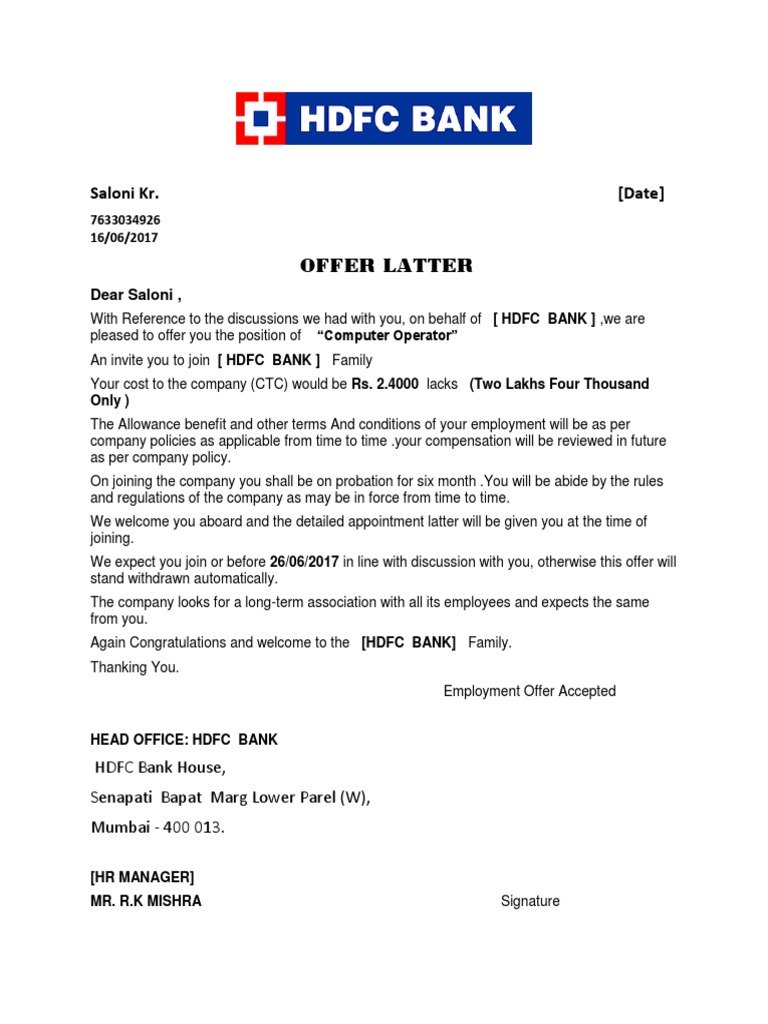 Saloni Kumari Offer Letter | PDF
