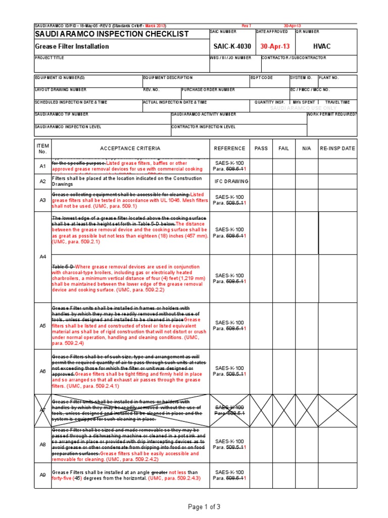 Saudi Aramco Inspection Checklist: Grease Filter Installation SAIC-K-4030 Hvac | PDF ...