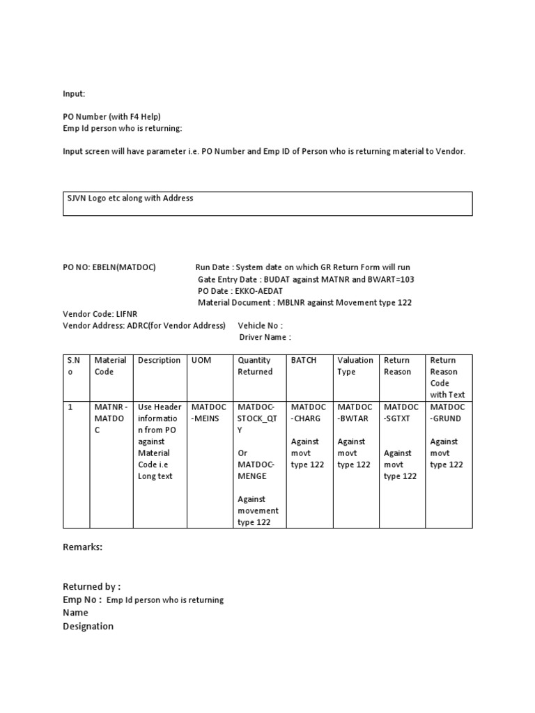 Return Material Authorization Form for PO Return with Item Details ...