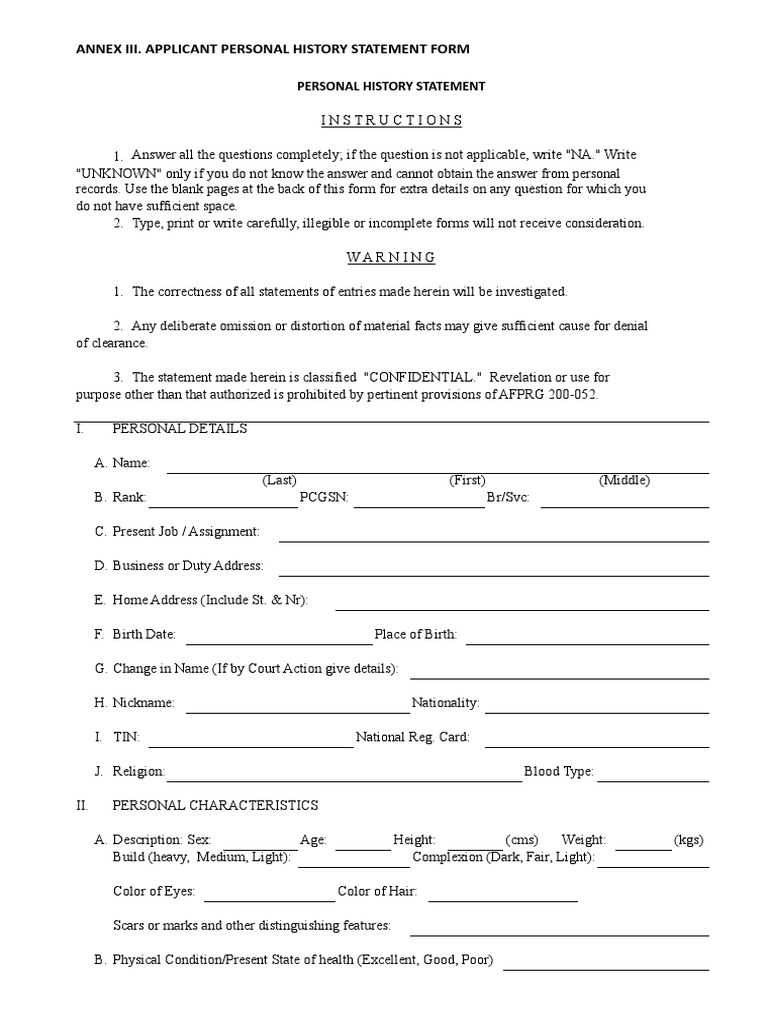 Annex Iii. Applicant Personal History Statement Form | PDF ...
