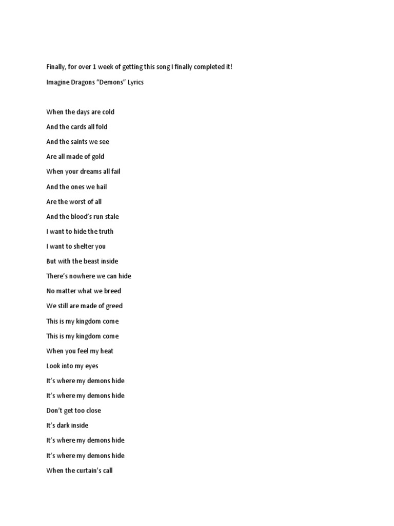 Imagine Dragons Demons Full Lyrics