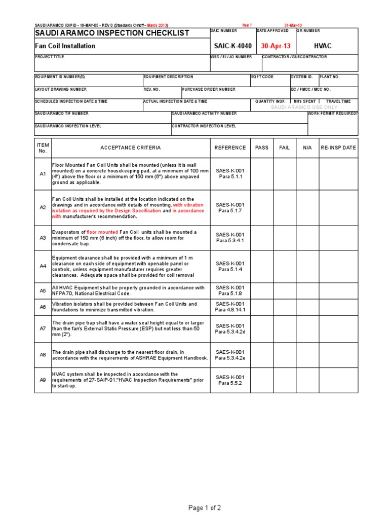 Saudi Aramco Inspection Checklist: Fan Coil Installation SAIC-K-4040 ...