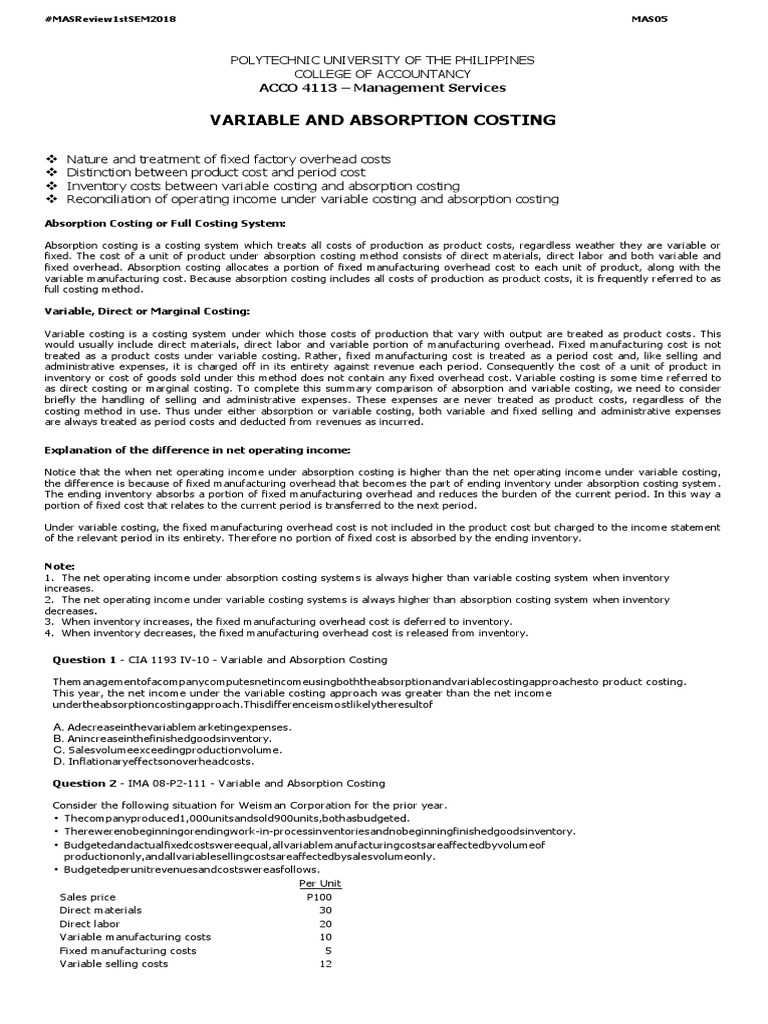 5.0 Variable and Absorption Costing 2018 | PDF | Inventory | Cost