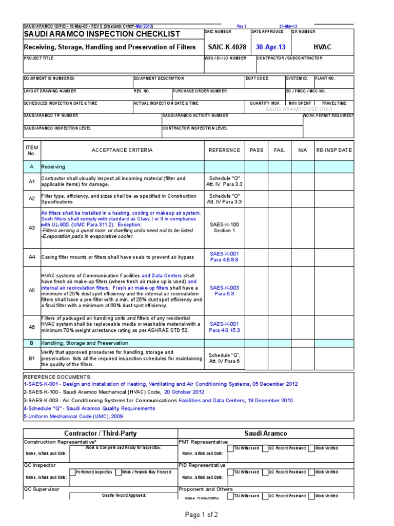 Saudi Aramco Inspection Checklist: Receiving, Storage, Handling and Preservation of Filters SAIC ...