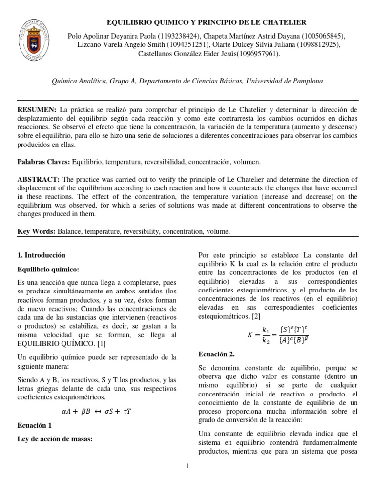 Informe 3. Equilibrio Químico y Principio de Le Chatelier | PDF | Equilibrio químico | Ácido ...