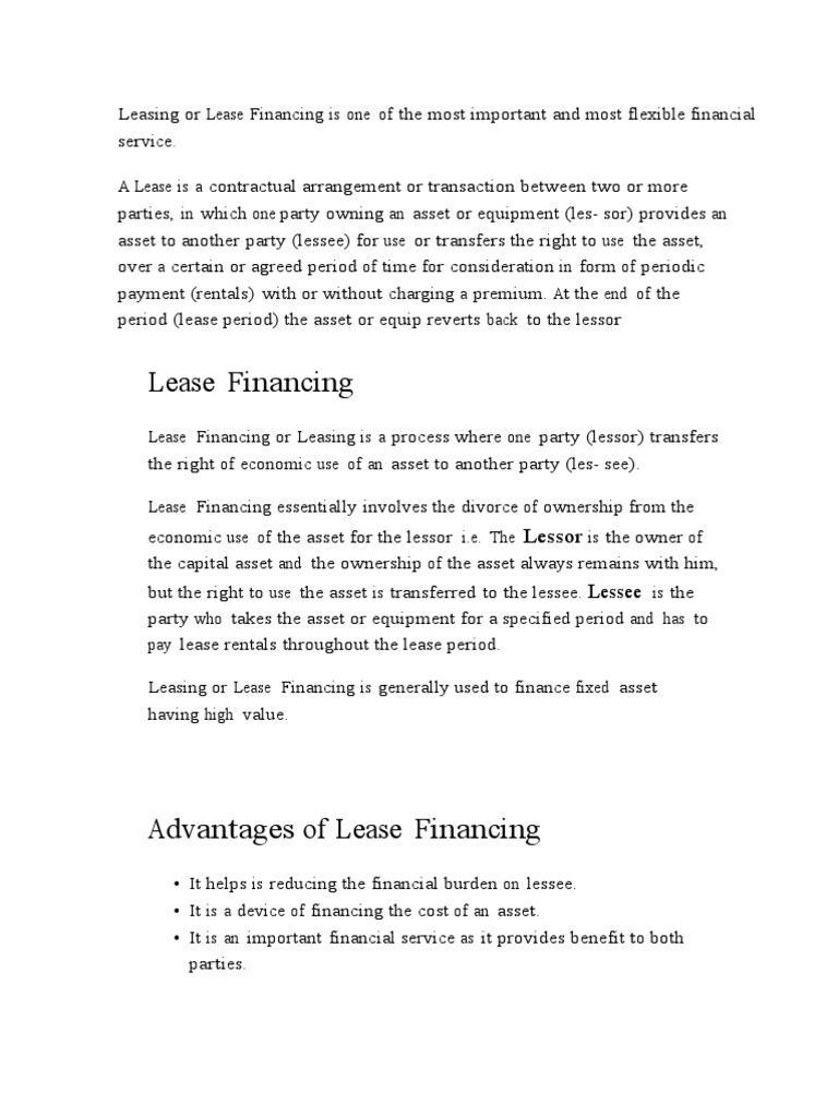 Lease Financing: Lessor Lessee | PDF | Lease | Money