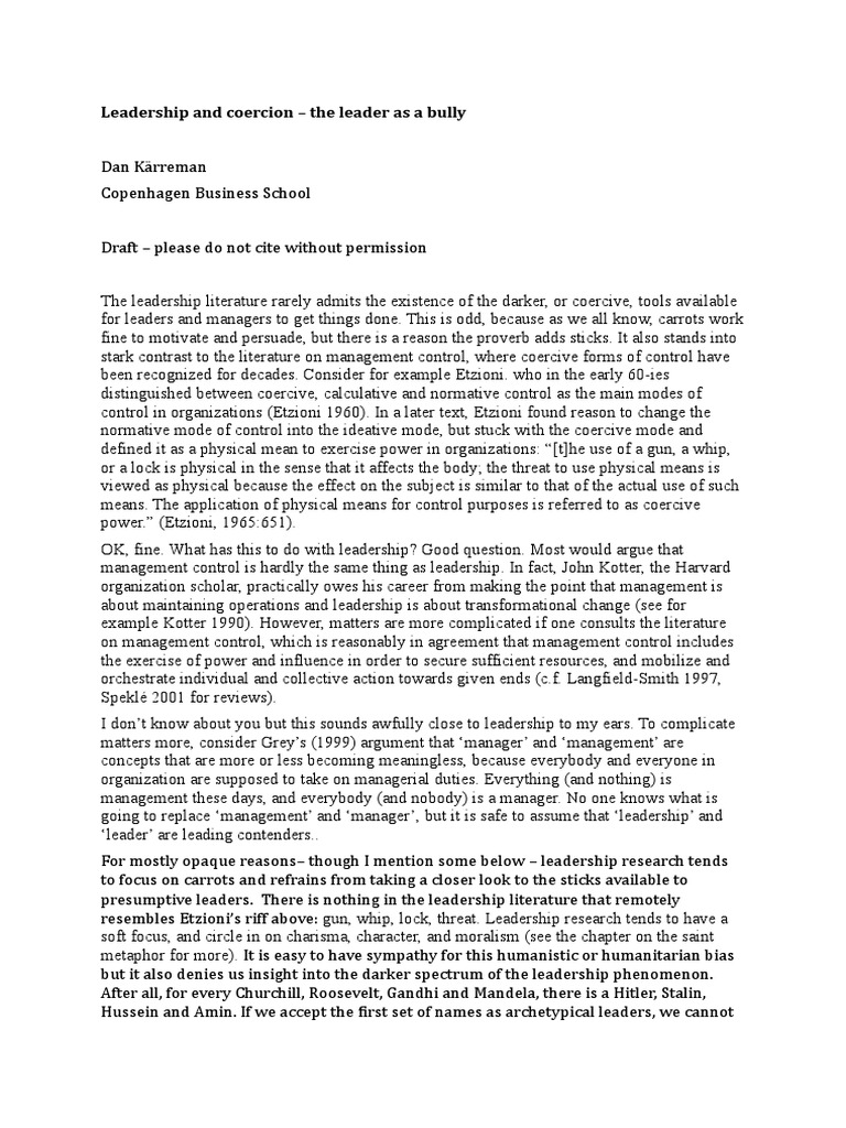 Leadership and The Bully D Karreman 090310 | PDF | Bullying | Workplace ...