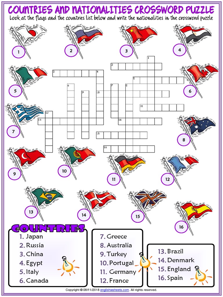 Countries and Nationalities Vocabulary Esl Crossword Puzzle Worksheet ...
