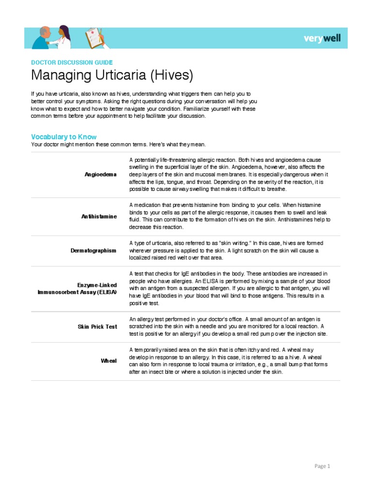 Urticaria (Hives) Doctor Discussion Guide | PDF | Allergy | Elisa