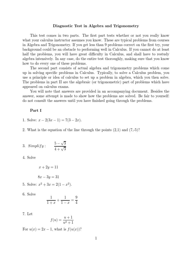 Diagnostic Test Algebra Trigonometry PDF | PDF | Trigonometric ...