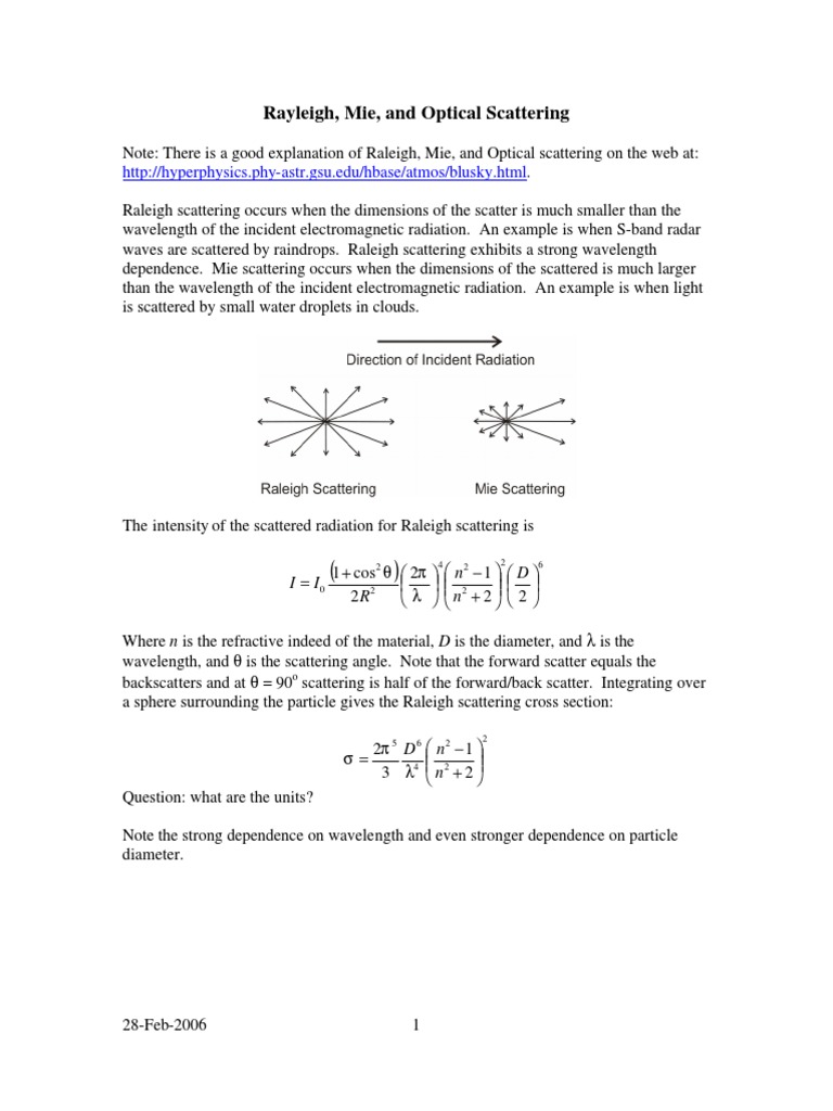 Rayleigh, Mie, and Optical Scattering: D n n R I I λ π θ | PDF ...