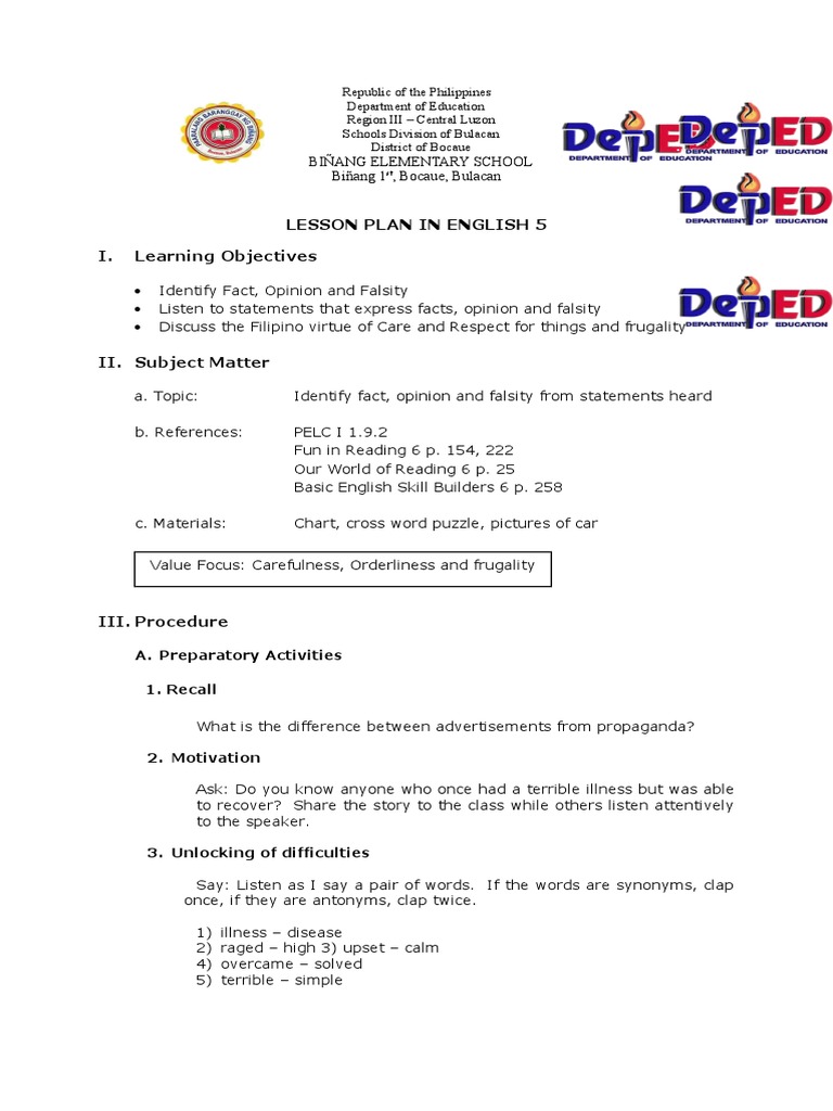 Fact or Opinion Lesson Plan | PDF | Helen Keller | Psychological Concepts