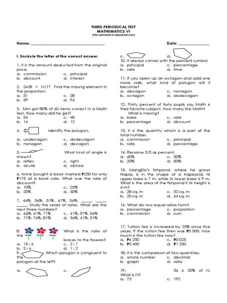 Math VI Periodical Test Overview | PDF | Percentage | Ratio