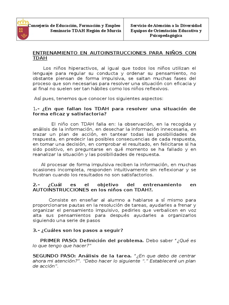 Tdah y Autoinstrucciones | PDF | Desorden hiperactivo y deficit de ...