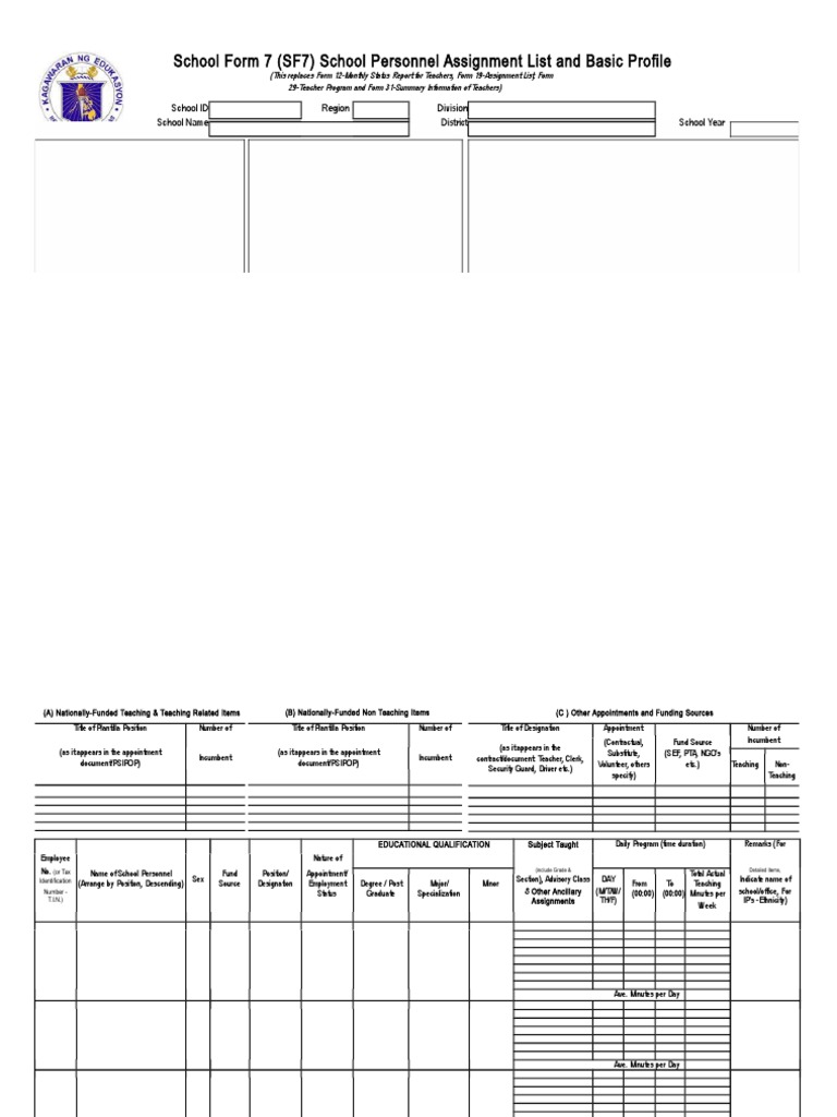 SF 7 School Personnel Assignment List and Basic Profile 1 | PDF | Teachers | Employment