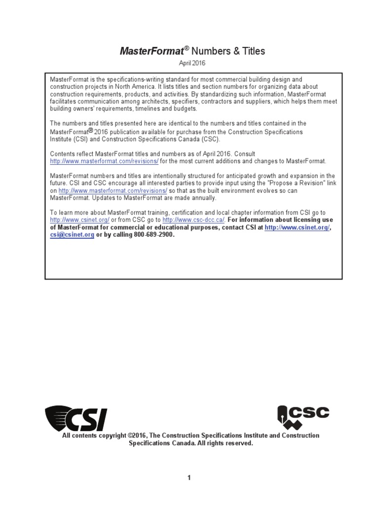 CSI Specification Section Numbers and Titles | Download Free PDF ...