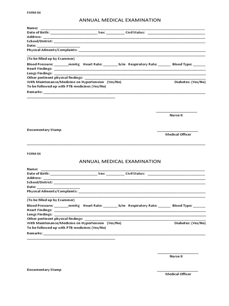 FORM 86 (Annual Medical Form) | PDF | Physical Examination | Hypertension