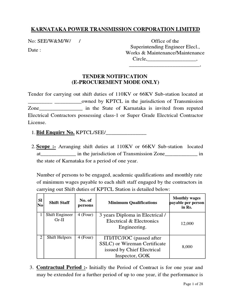 Tender Notification for Shift Duties at 110kV or 66kV Substation ...