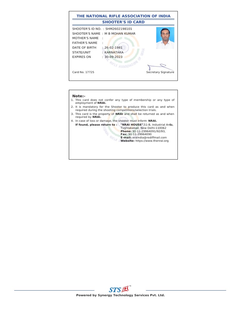 The National Rifle Association of India Shooter'S Id Card | PDF