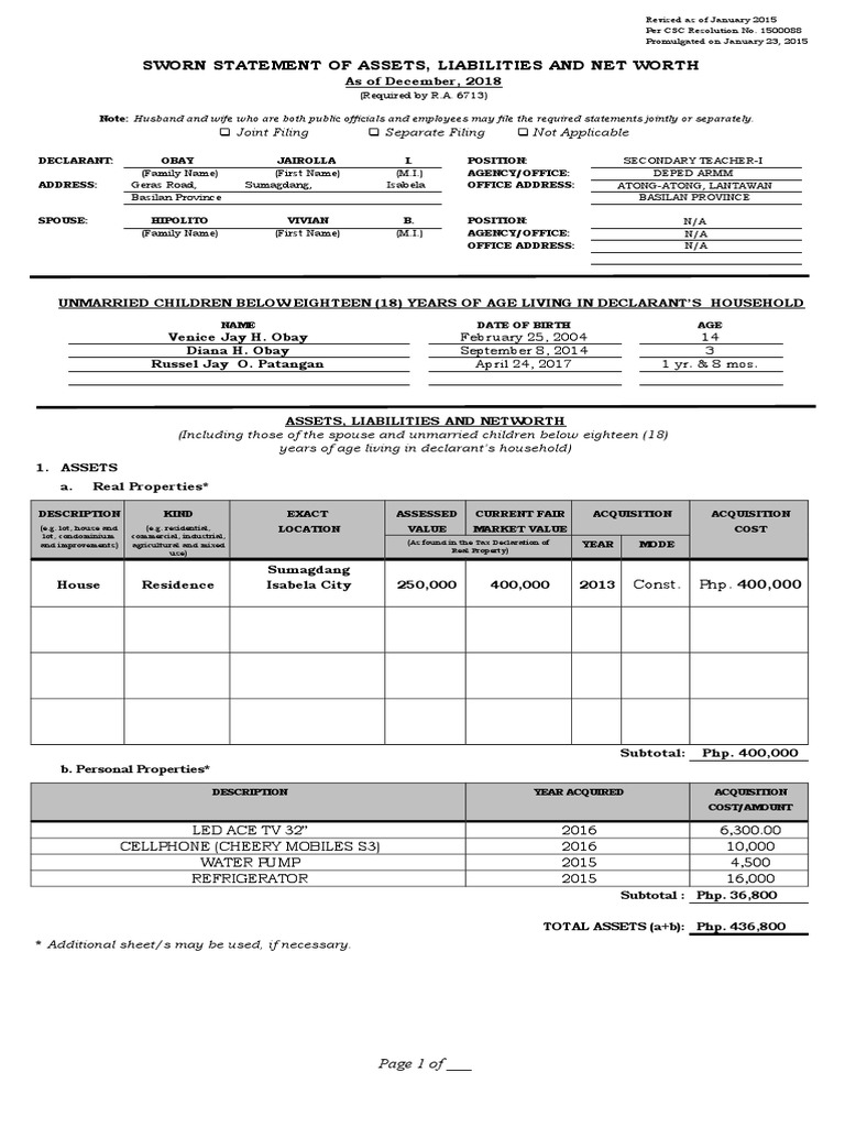 2018 Saln Form Obay | PDF | Government | Economies