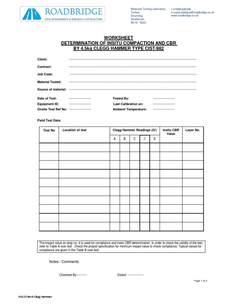 Worksheet Determination of Insitu Compaction and CBR by 4.5Kg Clegg ...