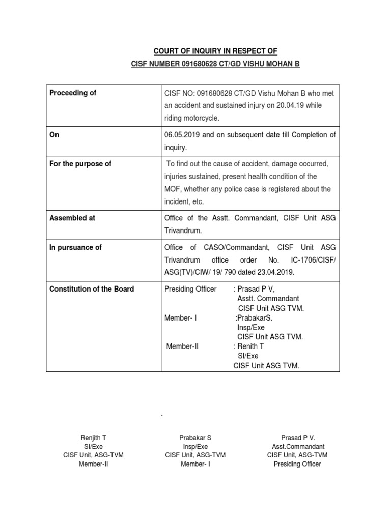 Inquiry Report: CISF Constable Vishu Mohan's Motorcycle Accident | PDF ...