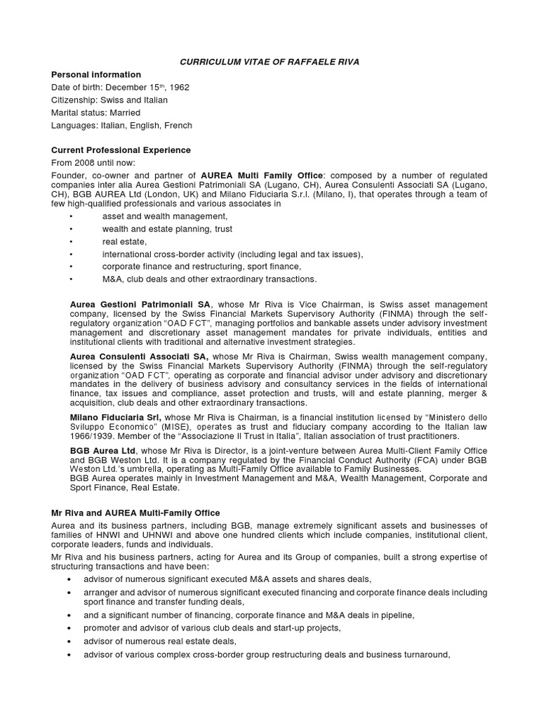 Curriculum Vitae of Raffaele Riva | PDF | Mergers And Acquisitions ...