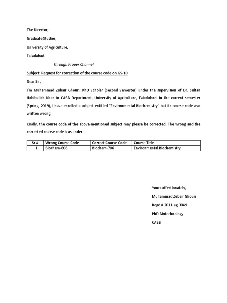 Through Proper Channel: Subject: Request For Correction of The Course ...