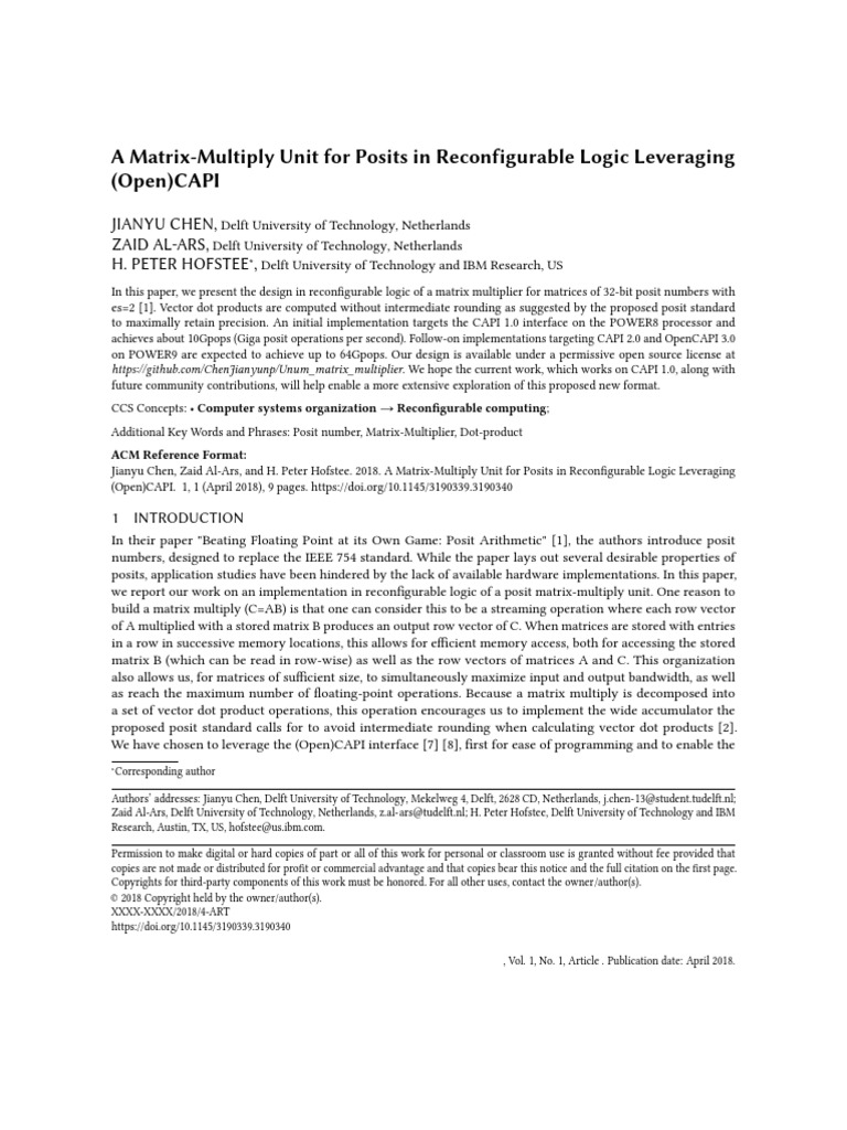 A Matrix-Multiply Unit For Posits in Reconfigurable Logic Leveraging (Open) CAPI | Download Free ...