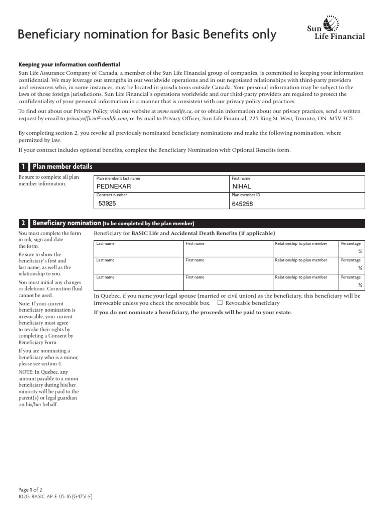 Sun Life Beneficiary Form | PDF | Privacy | Life Insurance