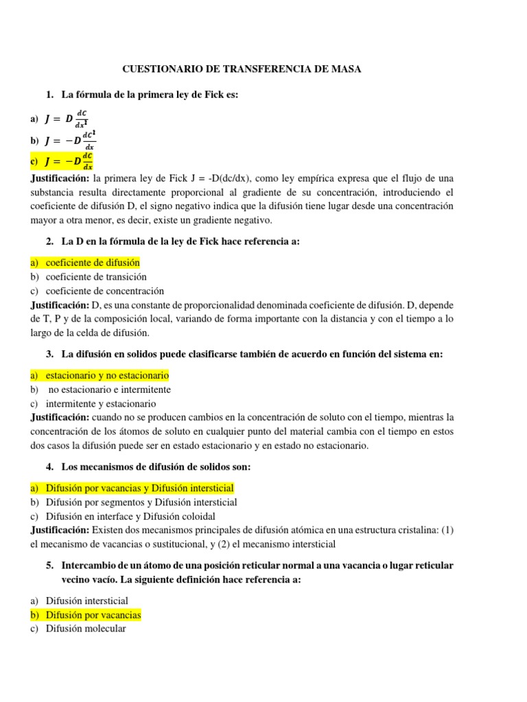 Cuestionario De Transferensia De Masa Final Pdf Fase Materia