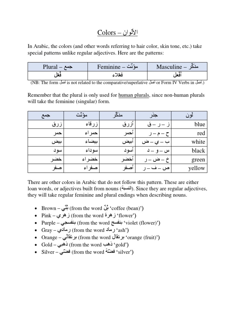 Color Words In Arabic