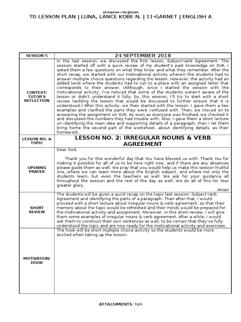 Lesson No. 2: Irregular Nouns & Verb Agreement: TD Lesson Plan - Luna ...