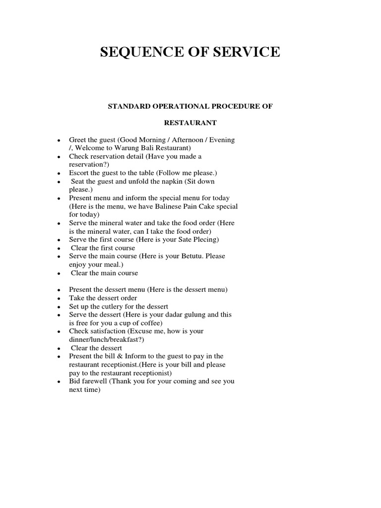 Sequence of Service: Standard Operational Procedure of Restaurant | PDF ...