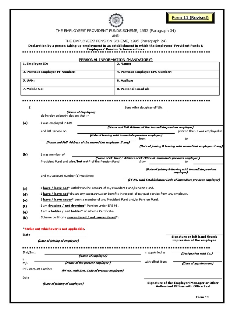 Revised Form 11 for EPF Declaration | PDF | Pension | Retirement