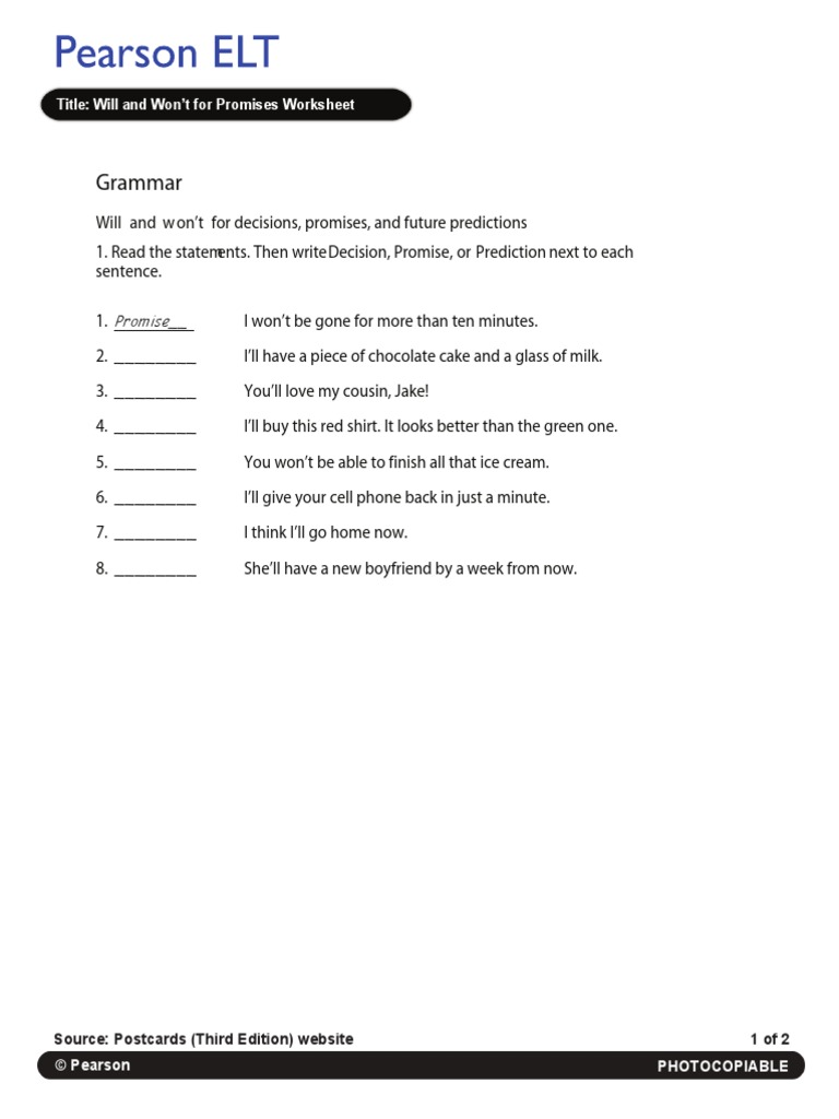 Will & Won't For Promises Pearson ELT | PDF