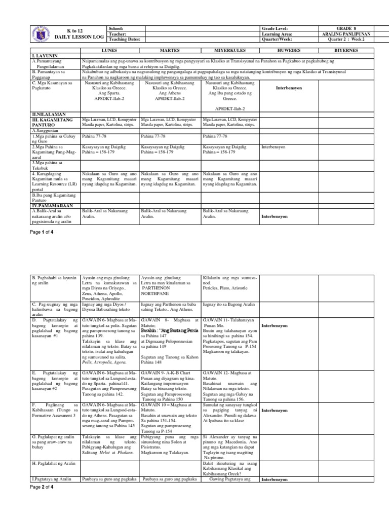 DLL Araling Panlipunan Grade8 Quarter2 Week2 (Palawan Division) | PDF