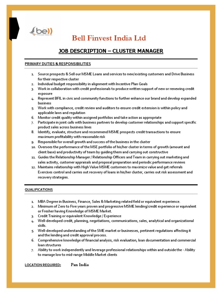 BellFinvest - Cluster Manager | PDF | Sales | Business