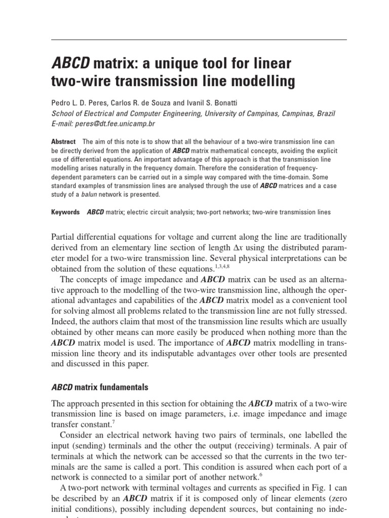 Two-Wire Transmission Line Modelling: ABCD Matrix: A Unique Tool For ...