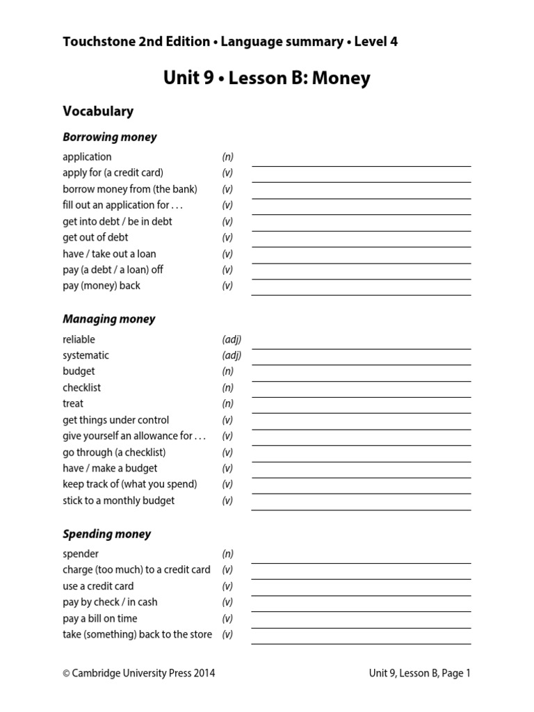 Unit 9 - Lesson B: Money: Touchstone 2nd Edition - Language Summary ...
