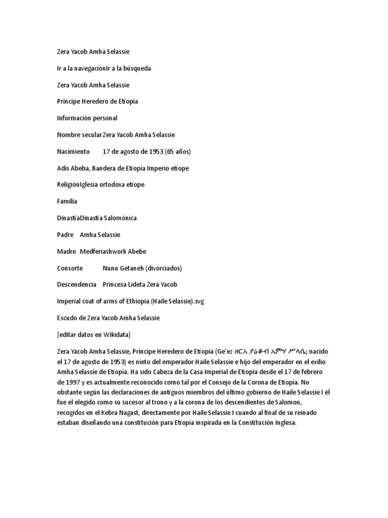 Zera Yacob Amha Selassie Wiki | PDF | Etiopía | Títulos nobles
