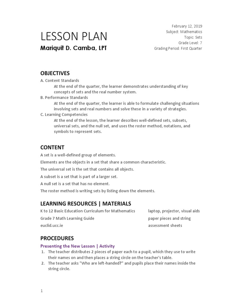 Demo - Lesson Plan - Sets | PDF | Set (Mathematics) | Lesson Plan