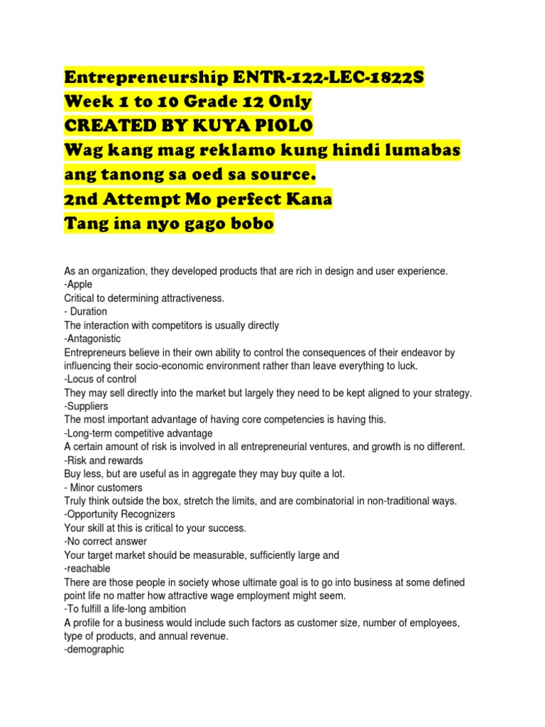 Entrepreneurship ENTR-122-LEC-1822S Grade 12 Kuya Piolo | PDF ...