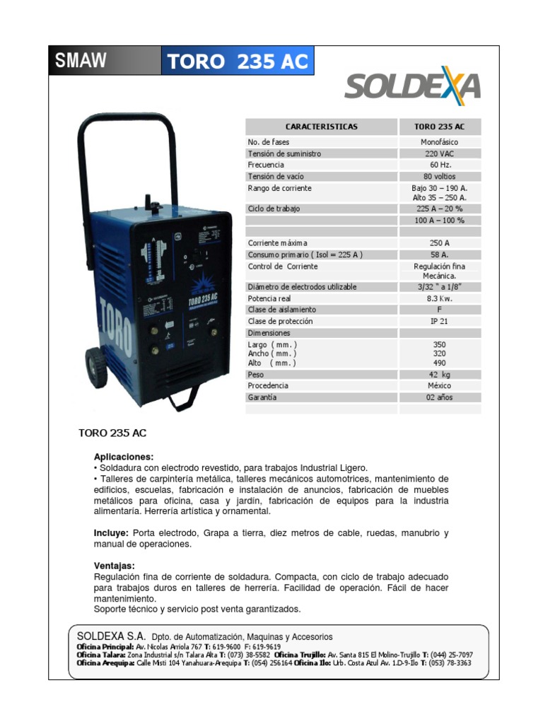 Características de la Soldadora Toro 235 AC | PDF | Soldadura ...