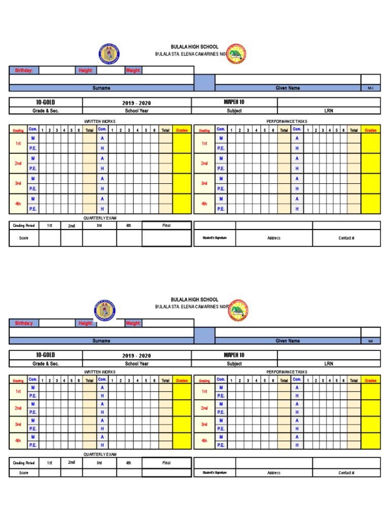 Mapeh Class Card 2021 | PDF